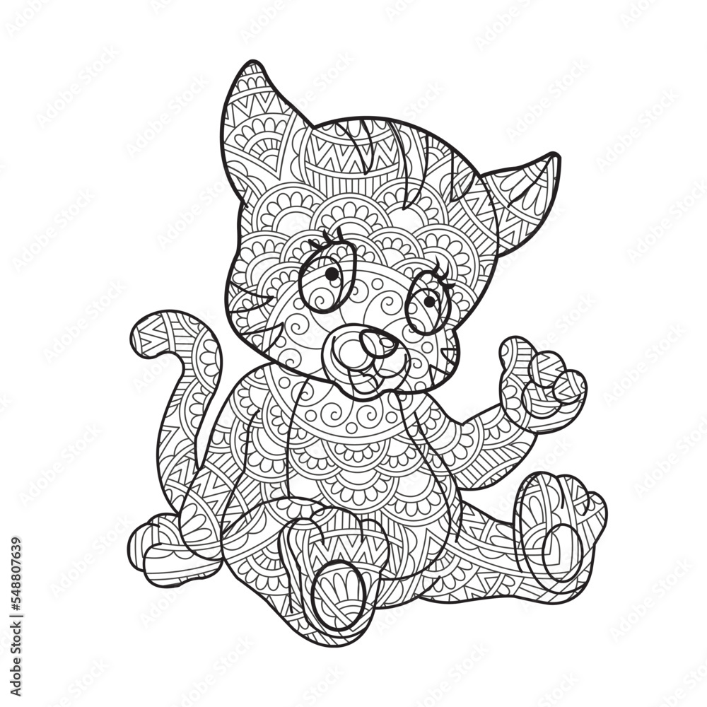Zentangle cat mandala coloring page for adults christmas cat and floral ...