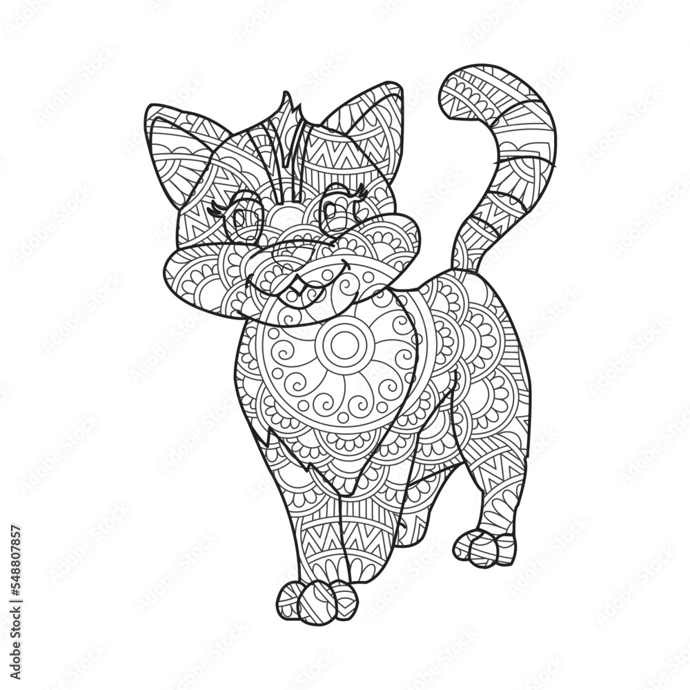 Zentangle cat mandala coloring page for adults christmas cat and floral ...