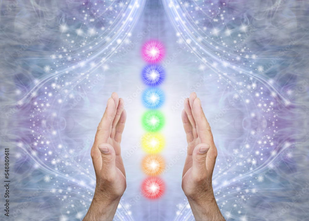 Sensing Seven Chakras and Sending Healing - Male parallel hands with 7 ...