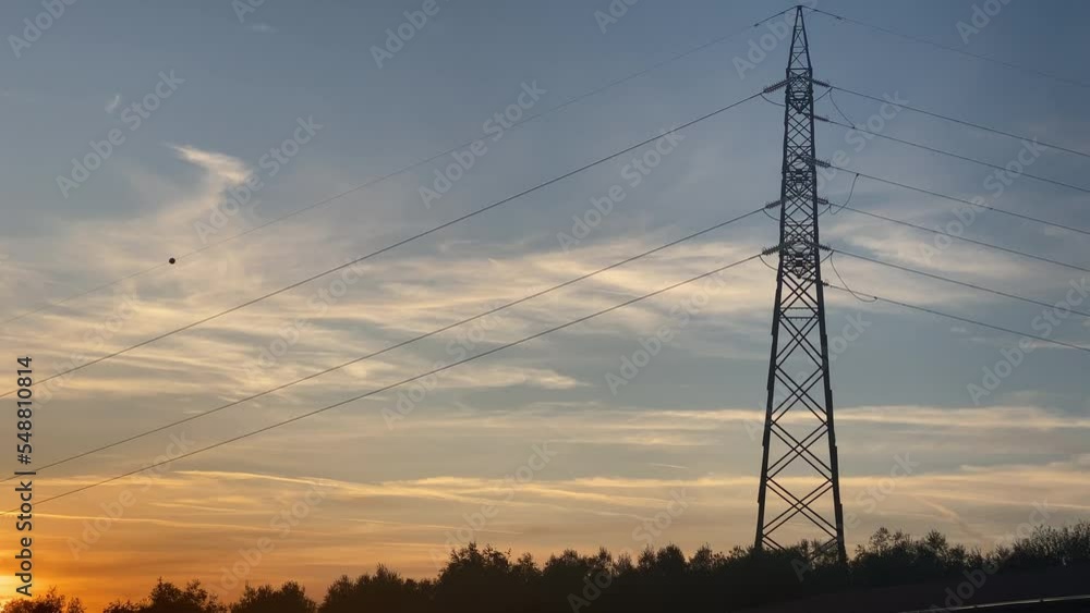 Video „Electricity power lines against sunset background, broken ...