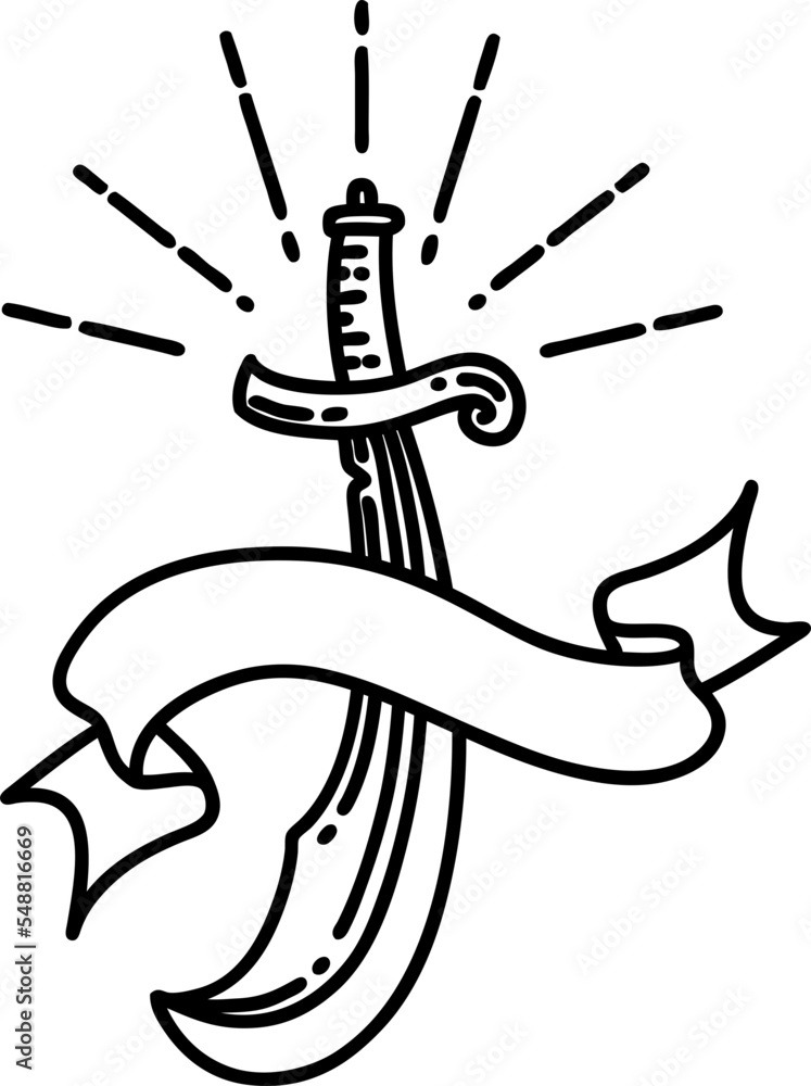 scroll banner with black line work tattoo style scimitar sword Stock ...