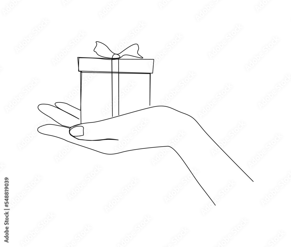 Continuous line drawing of hand holding present box. Presents cardboard ...