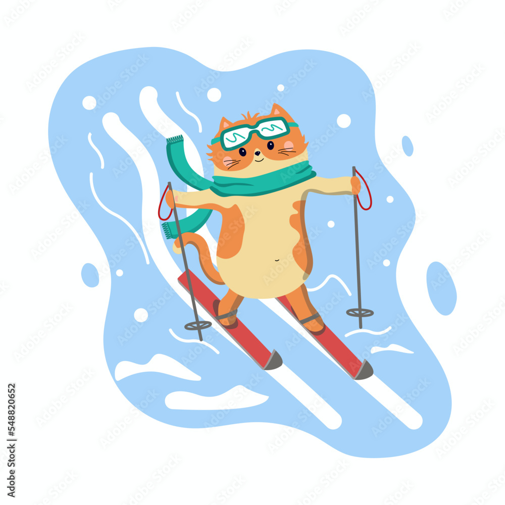 The kitten is skiing. Cartoon colorful graphic illustration of a happy ...