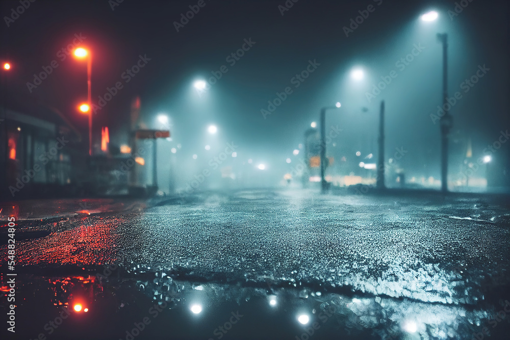 City streets after heavy rain background of wet asphalt with neon night ...