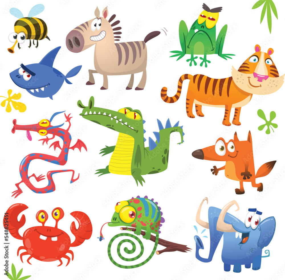 Set of jungle animals. Cartoon bee zebra frog shark dragon crocodile ...
