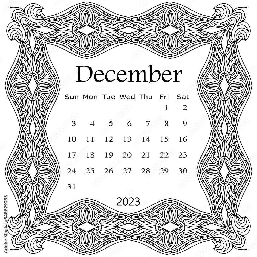 PrintAdult coloring page with monthly calendar of 2023 year isolated on ...