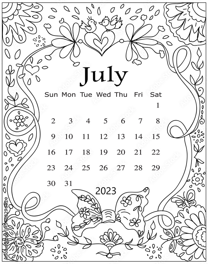 PrintAdult coloring page with monthly calendar of 2023 year isolated on ...
