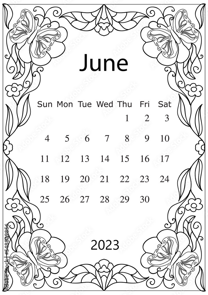 PrintAdult coloring page with monthly calendar of 2023 year isolated on ...