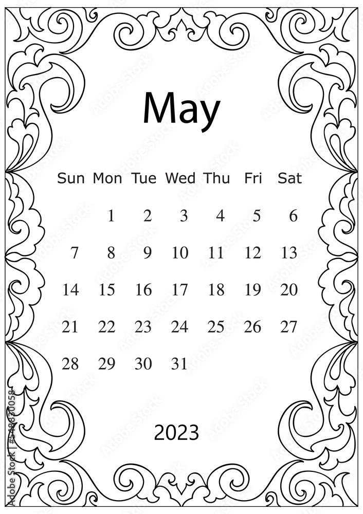 PrintAdult coloring page with monthly calendar of 2023 year isolated on ...