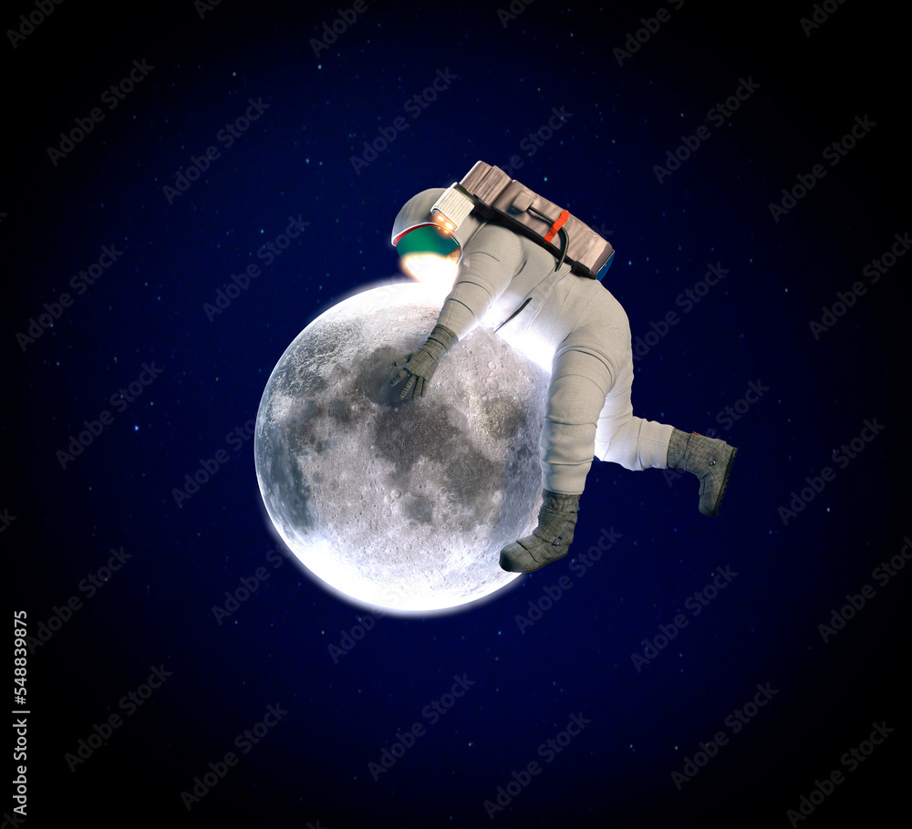 Astronaut embraces the moon, to conquer the moon Stock Illustration ...