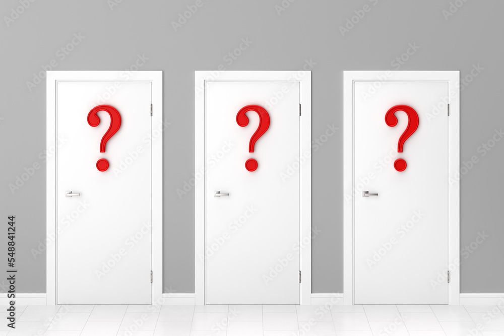 Interior with three doors and question marks on them. The concept of ...