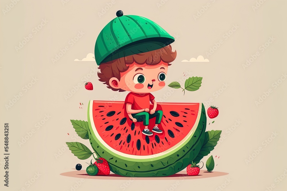 Cute Boy On Watermelon Cartoon 2D Illustrated Icon Illustration. People ...