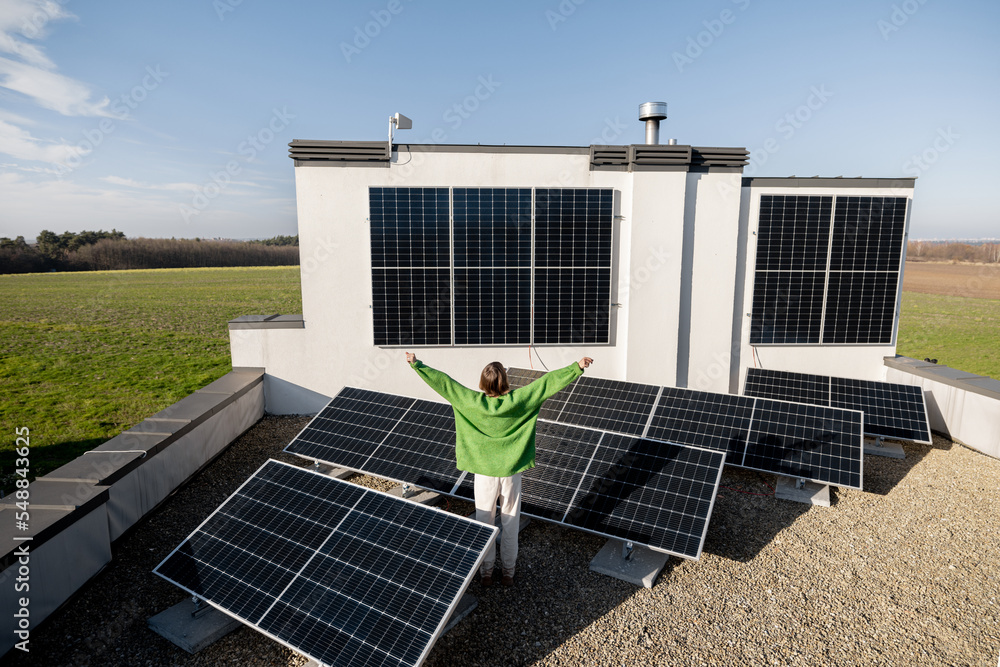 Wide view from above on a solar power plant installed on rooftop of ...