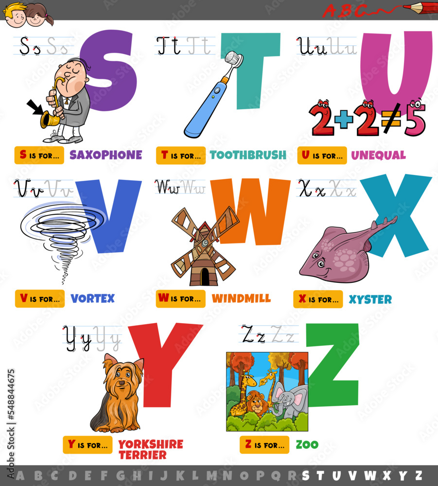 educational cartoon alphabet letters for children set from S to Z Stock ...