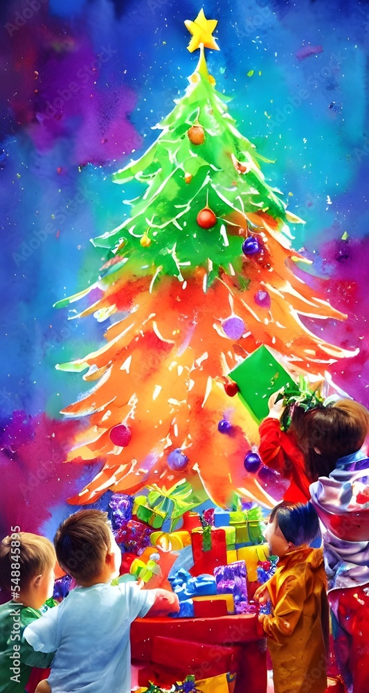 The kids are excitedly tearing open their presents.Wrapping paper is ...