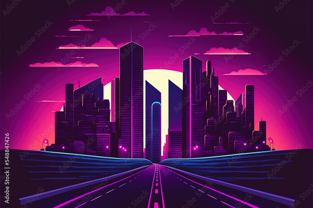 Road To Night City, Empty Highway And Glowing Skyline With Futuristic ...