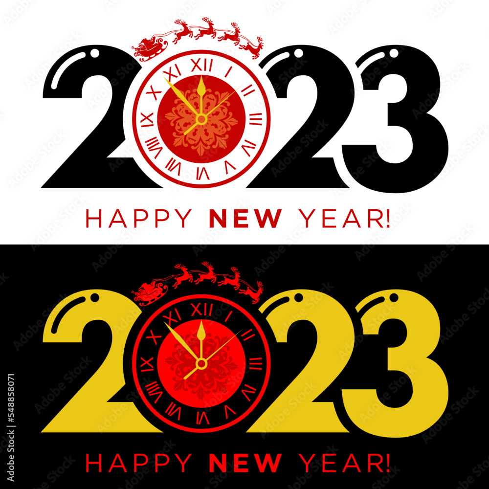 2023 Christmas clock with Santa Claus. Vector header of cover design ...