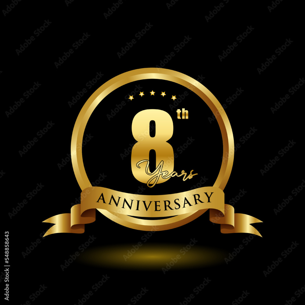 8th Anniversary. Anniversary logo design with golden ring and ribbon for Anniversary celebration ...