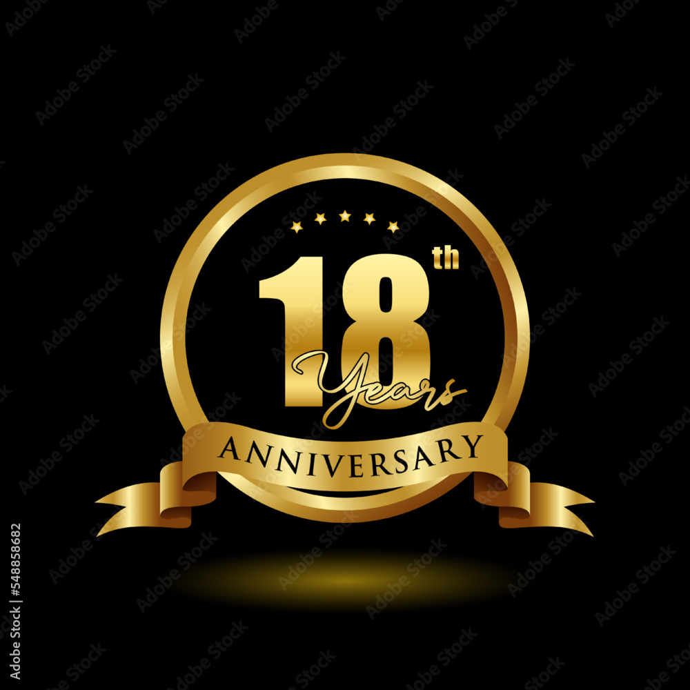 18th Anniversary. Anniversary logo design with golden ring and ribbon ...