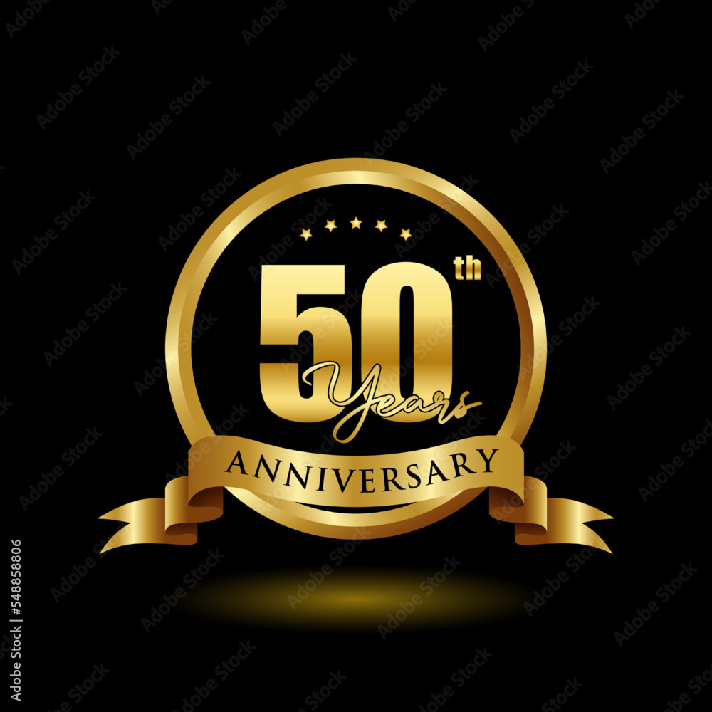 50th Anniversary. Anniversary logo design with golden ring and ribbon ...
