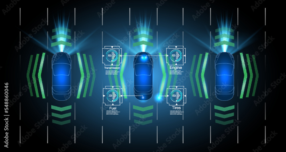 Smart cars driving on the road, driverless vehicles, top view. ADAS ...