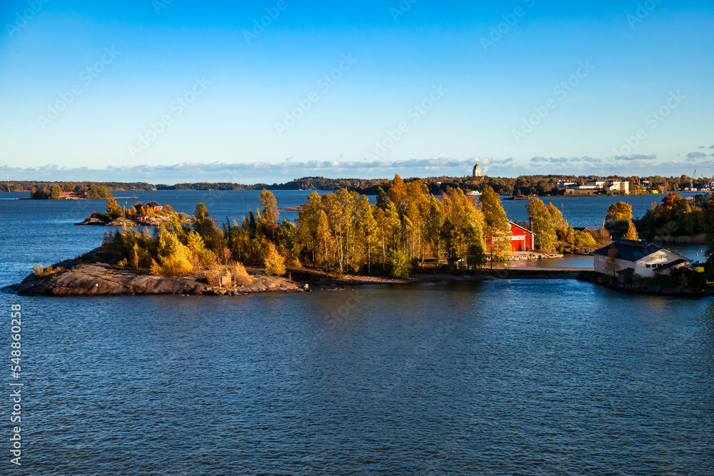 Aerial landscape of archipelago of islands with buildings and houses in ...