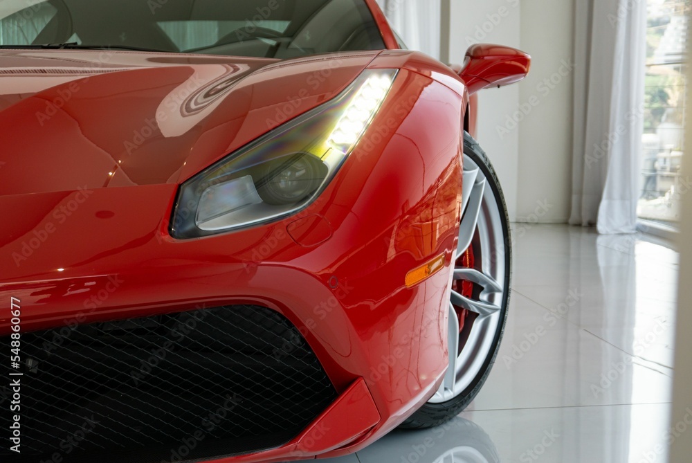 Ferrari 488 GTB Front view with headlights on and turned wheel Stock ...