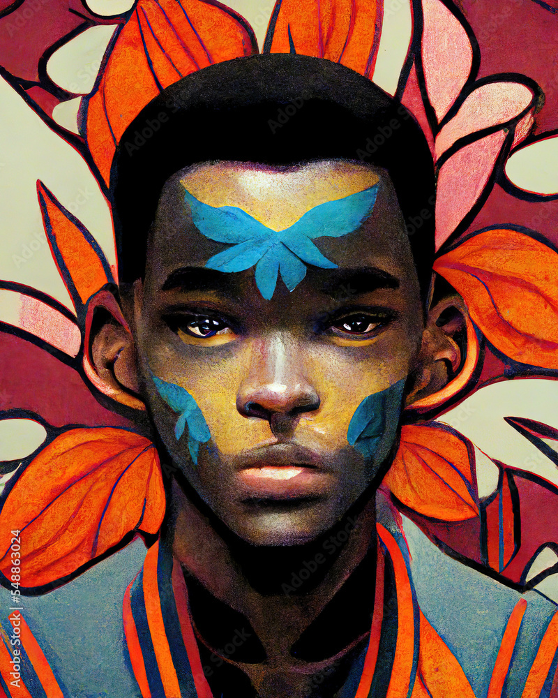 Fashion / Editorial portrait of a African American boy, in a tropical ...