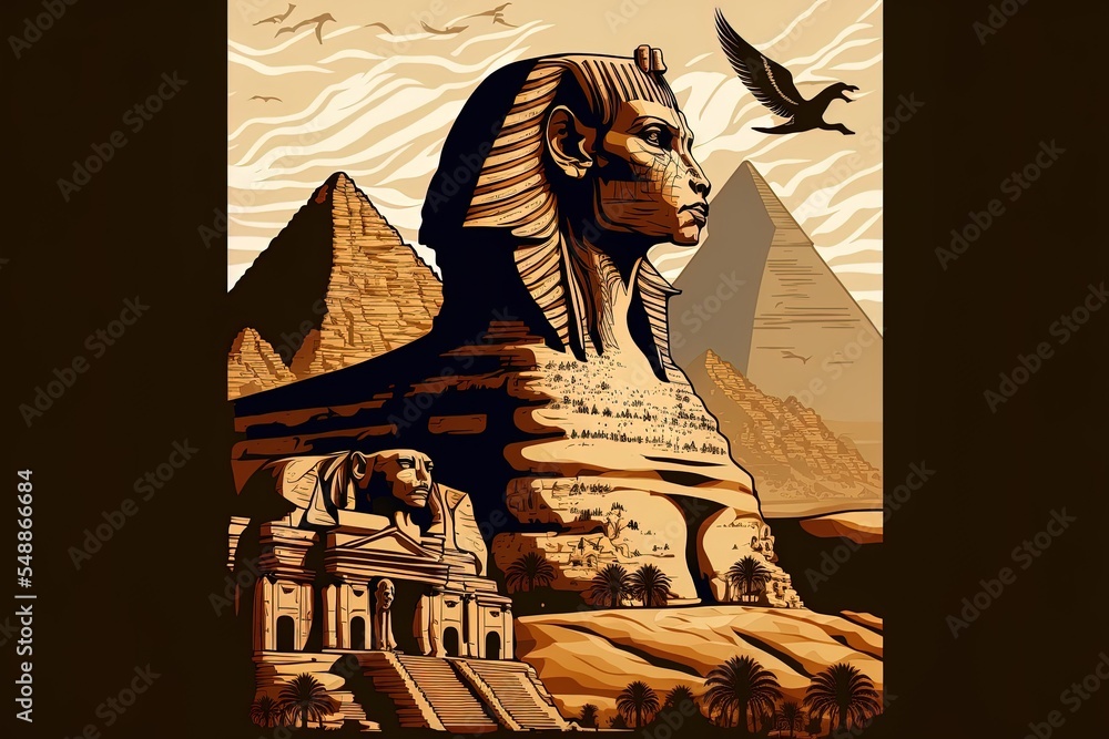 Sphinx And Pyramid Illustration Landscape Tourism Travel To Egypt ...