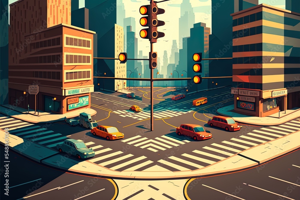 City Crossroads With Traffic Lights, Intersection. Cartoon Illustration ...