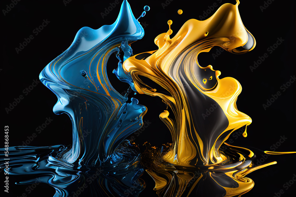 Blue and yellow varnish colors merging together on a dark background ...
