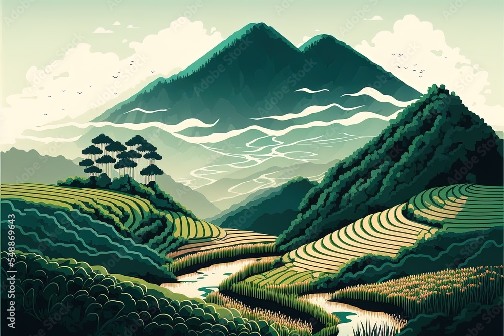 Asian Rice Field Terraces At Morning Mountains Landscape Paddy ...