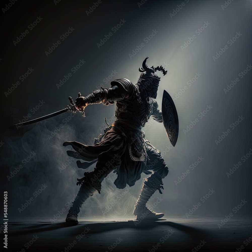 Silhouette samurai warrior knight in fighting pose. Shadows, smoke and ...