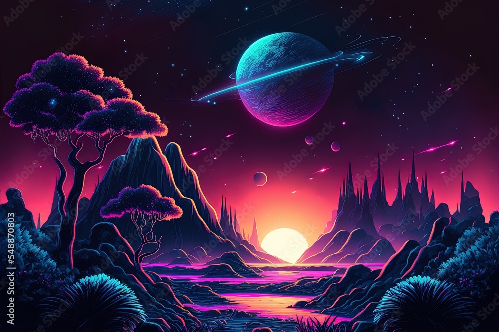 Space Game Background, Neon Night Alien Landscape Stock Illustration ...