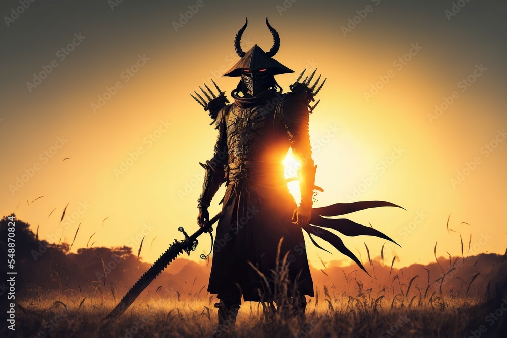Silhouette of a japanese demonic samurai warrior on sunrise backgrounds ...