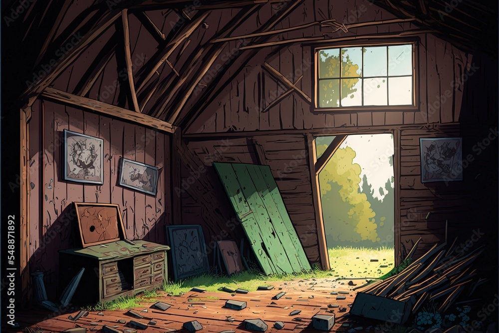 Cartoon Abandoned Farm Barn Interior With Broken Furniture ilustración ...