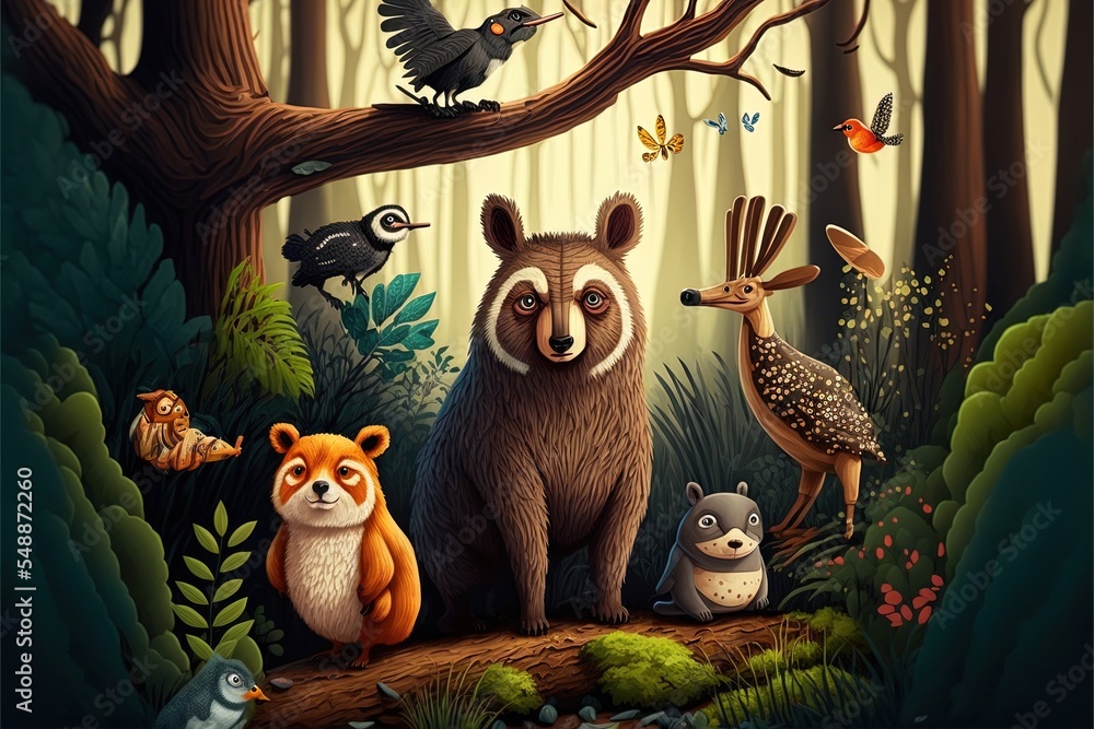 Wild Animals Cartoon Characters In The Forest Scene Stock Illustration ...