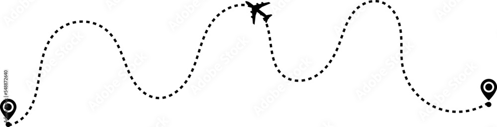 Airplane path in a dotted line shape. Blue Airplane line routes set ...