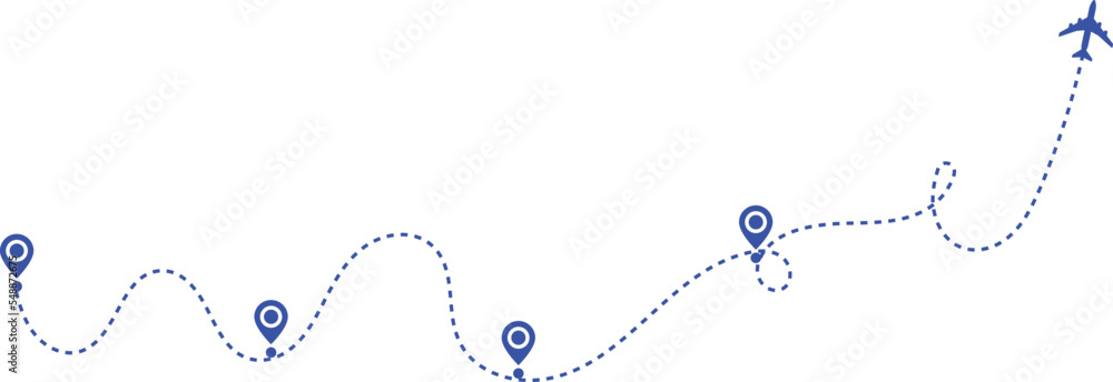 Airplane path in a dotted line shape. Blue Airplane line routes set ...