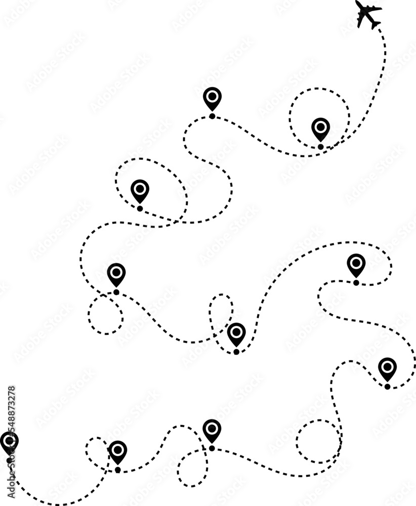 Airplane path in a dotted line shape. pin map marker pointer sign ...