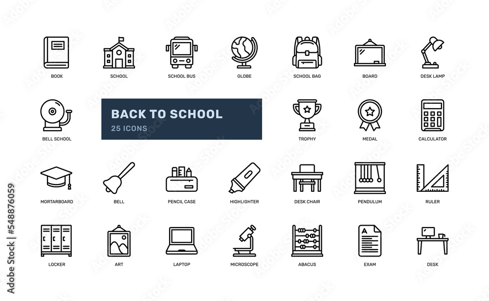 education back to school student detailed outline icon set, book ...
