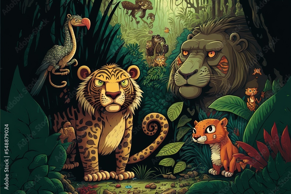 Cartoon Wild Animals In The Jungle Stock Illustration | Adobe Stock
