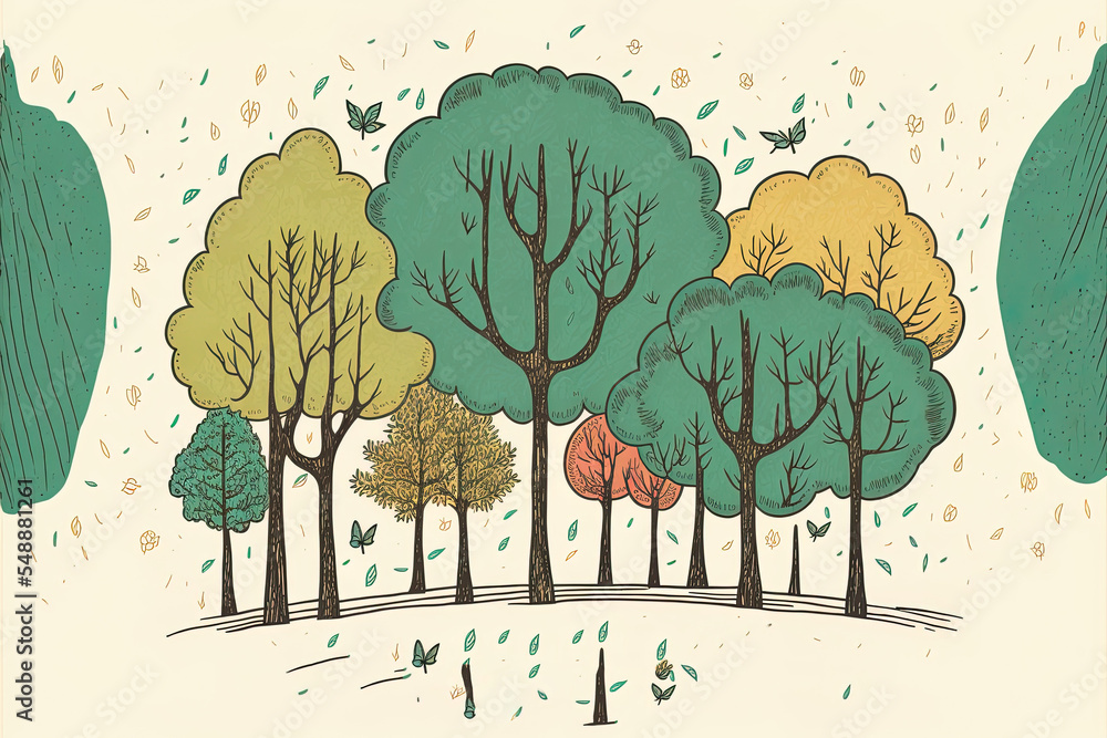 Happy World Background With Hand Drawn Trees Stock Illustration | Adobe ...