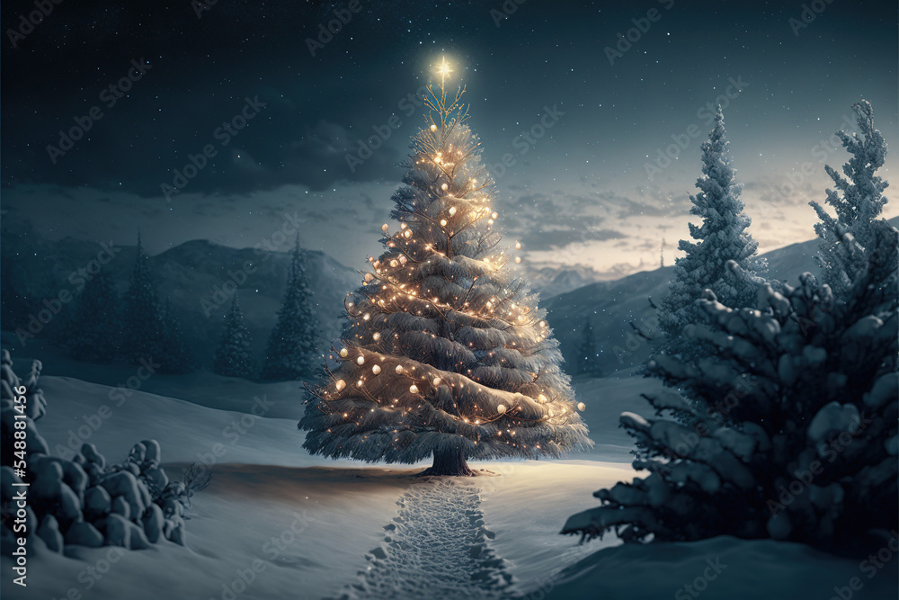christmas tree outdoors in a snowy landscape, pine fir spruce tree ...
