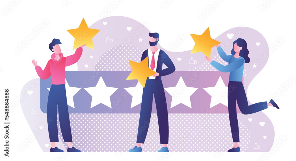 Customer reviews concept. Men and women with stars in hands, feedback ...