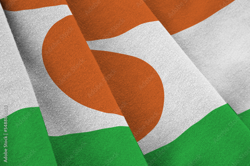 Niger flag with big folds waving close up under the studio light ...