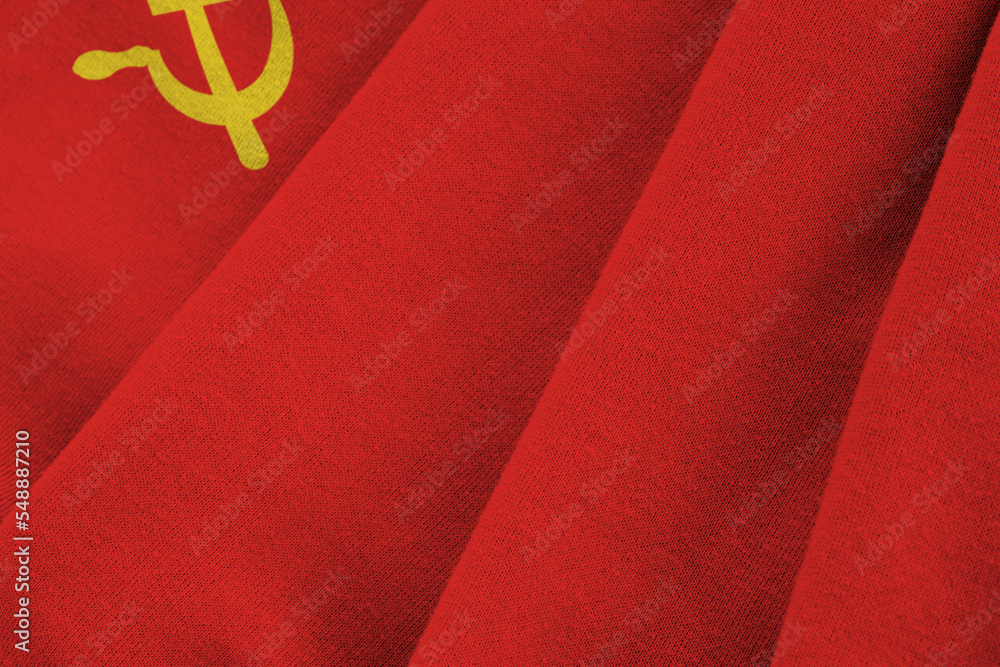 Soviet Union flag with big folds waving close up under the studio light ...