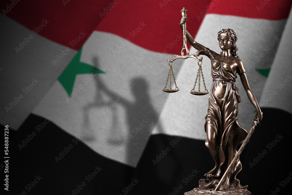 Syria flag with statue of lady justice and judicial scales in dark room ...