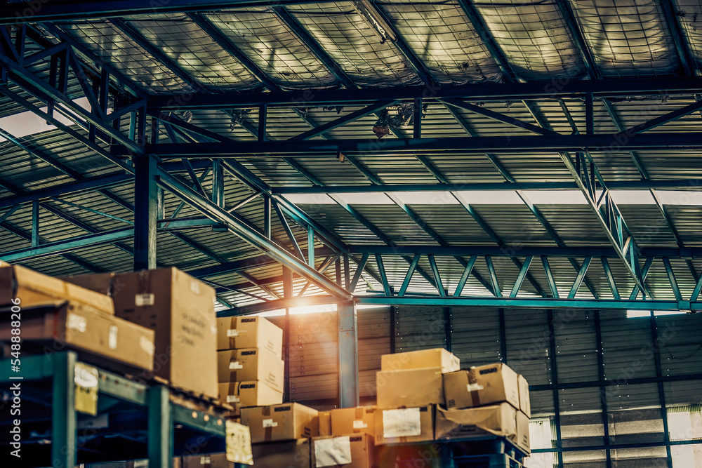 interior of modern retail warehouse storage with pallet trucks near ...