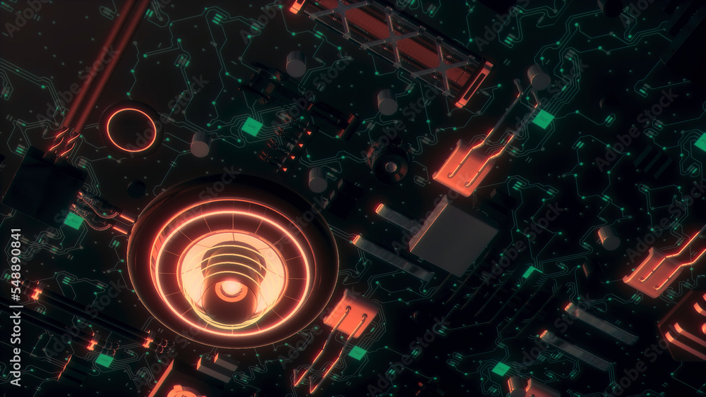 Neon Computer Chip System. Motion. Futuristic computer technology system with neon lines and ...